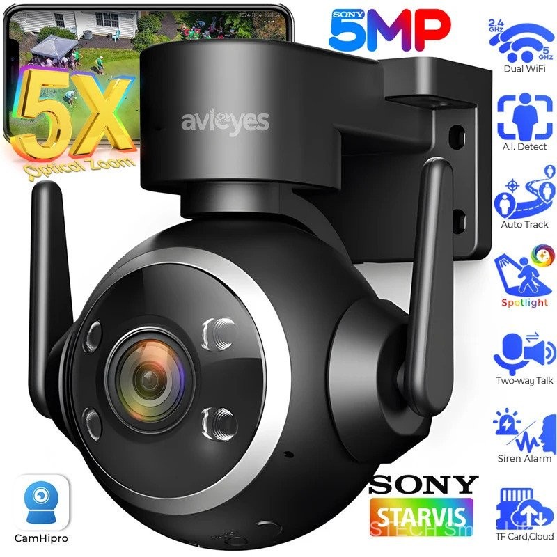 Camhipro Mini CCTV 5Mpx 5X Optical Zoom 2.4G 5G Wireless PTZ Auto ...