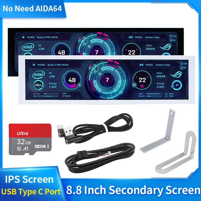 8.8 Inch IPS Type C Secondary Screen USB-C Interface Computer Monitoring CPU GPU RAM Dislpay ...