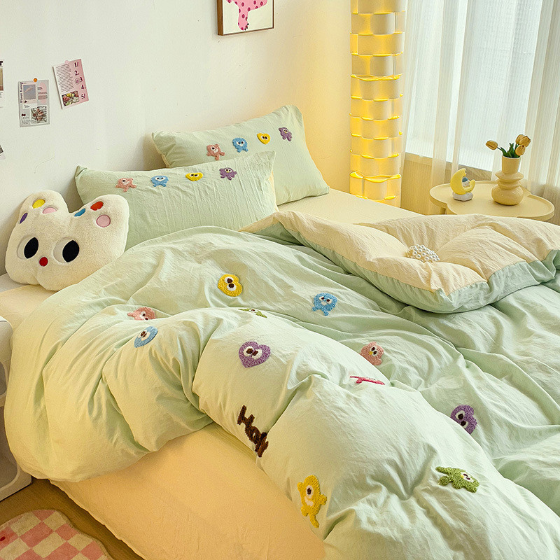 Cartoon Cute Bed Towel Embroidered Washed Cotton Four-Piece Set Skin ...
