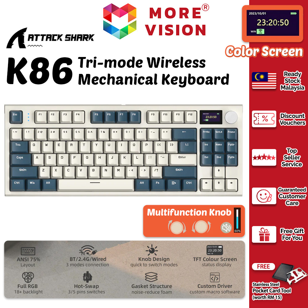 Attack Shark K86 Wireless Mechanical Keyboard Bluetooth Gaming RGB LED ...