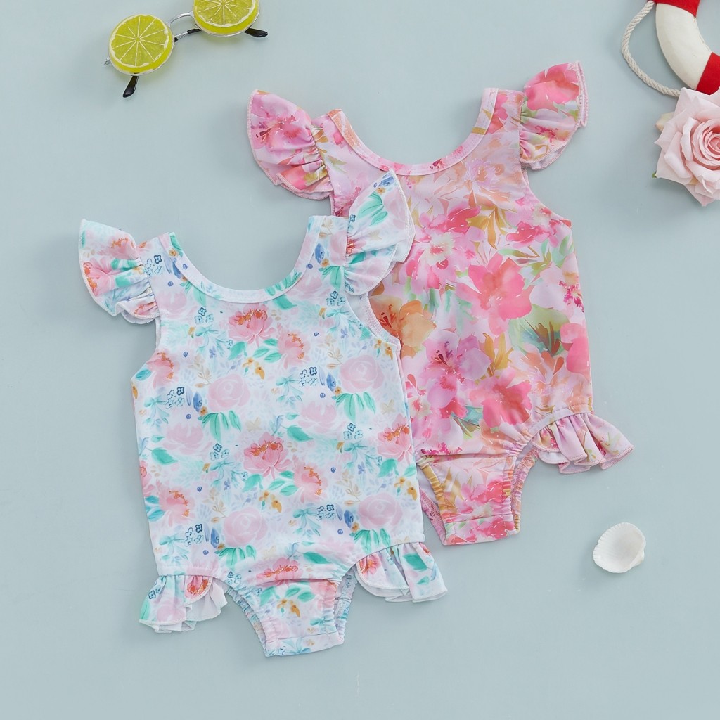 Noli-Baby Girls Rash Guard Swimsuit Floral Pattern Flying Sleeve Crew ...