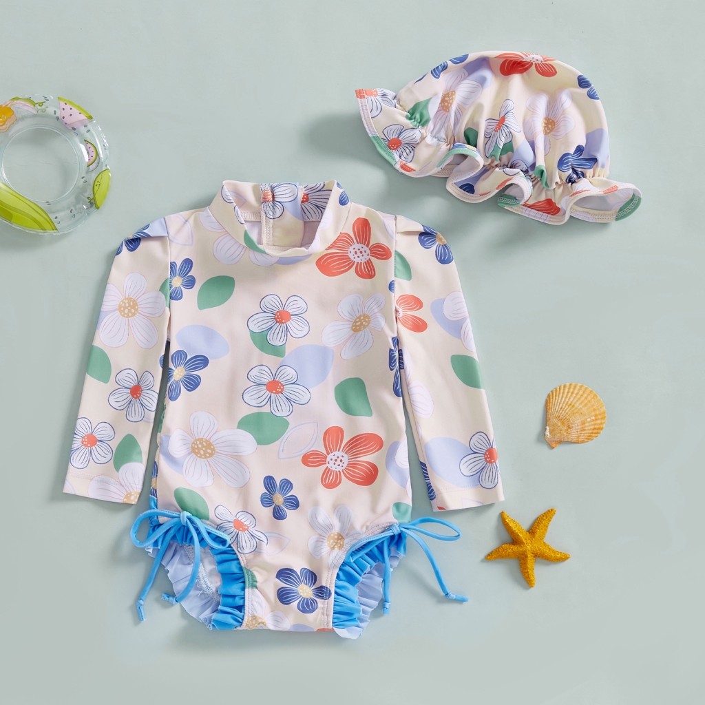 Mubineo-Baby Girl Rash Guard Swimsuit Floral/Shell Print Long Sleeve Mock Neck Bathing Suit with ...