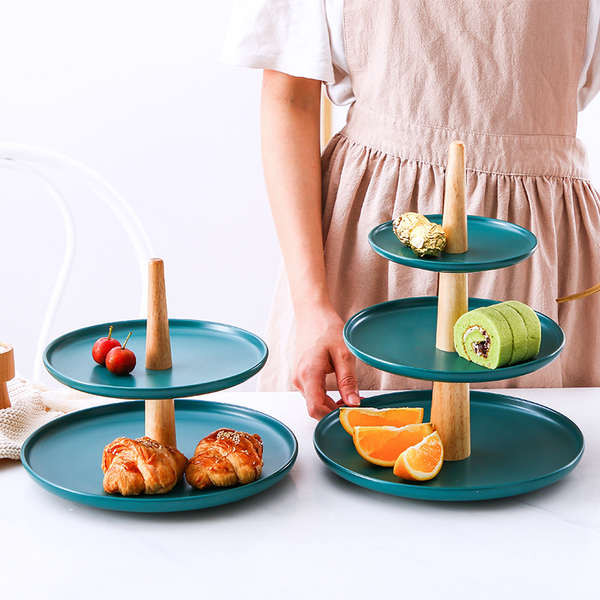 desert tray dessert tray bamboo Pinggan buah tiga lapisan seramik, meja ...