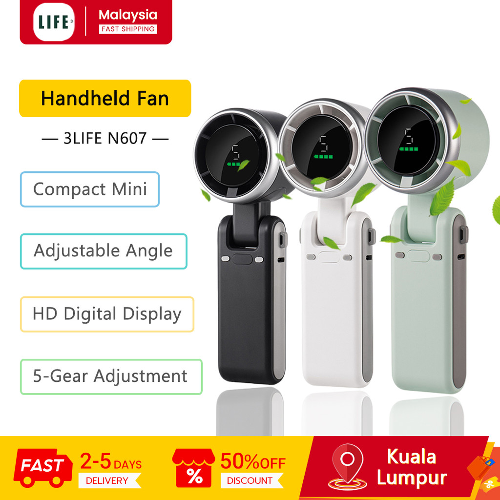 3Life N607 Handheld Turbofan Mini Foldable Fan With Digital Display 5 Wind Speeds Angle ...