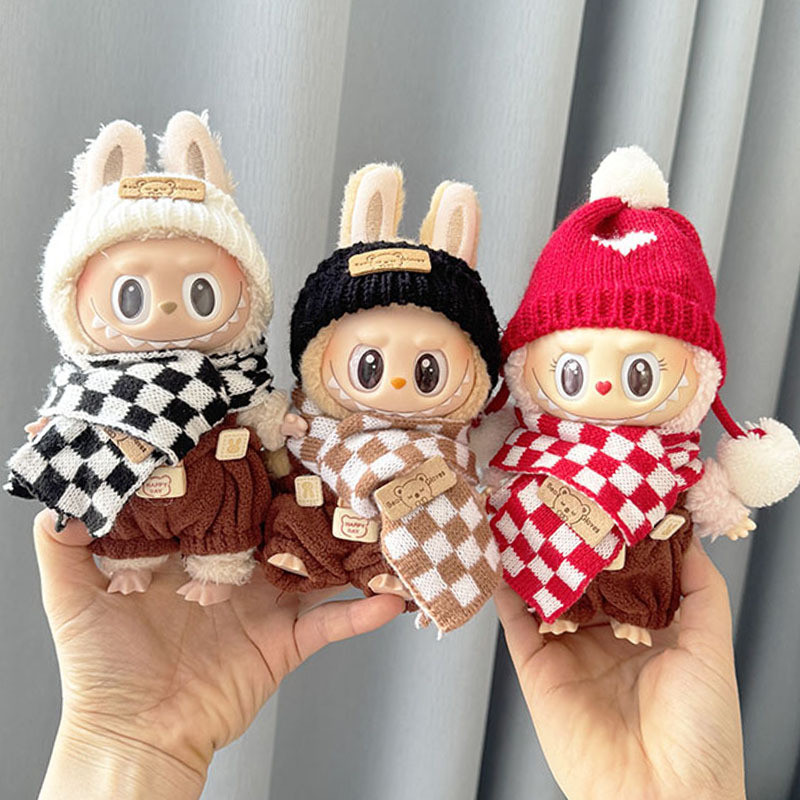 17cm Labubu Clothes Labubu Doll Plaid Scarf Overalls Hat Set | Shopee ...