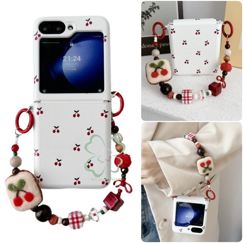 Cute Cherry Pattern Leather Hinge Case Samsung Galaxy Z Flip 6 Z Flip 5 ...