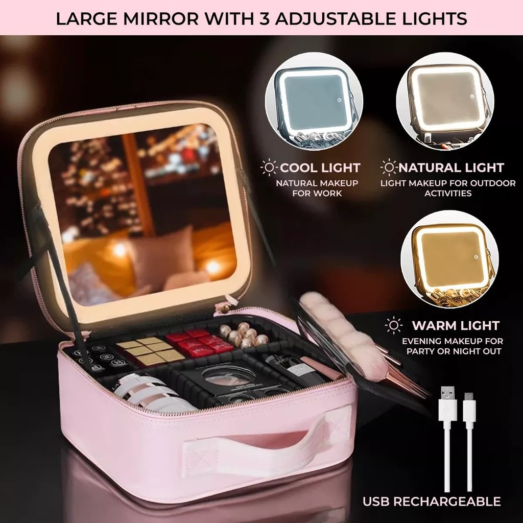 Makeup Box With Lights Led Mirror Makeup Bag Portable Large Capacity ...