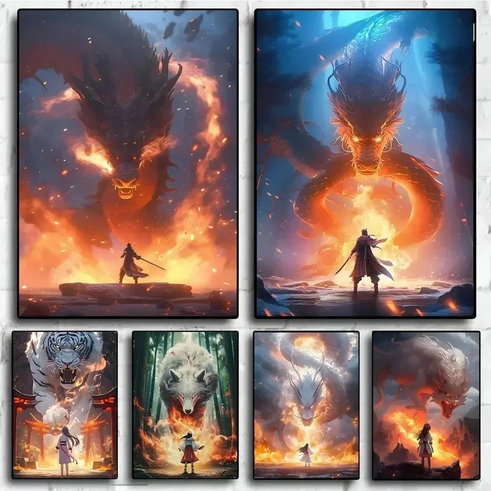 Poster Cetakan Koleksi Gadis Anime Jepun Naga Putih Harimau Serigala ...
