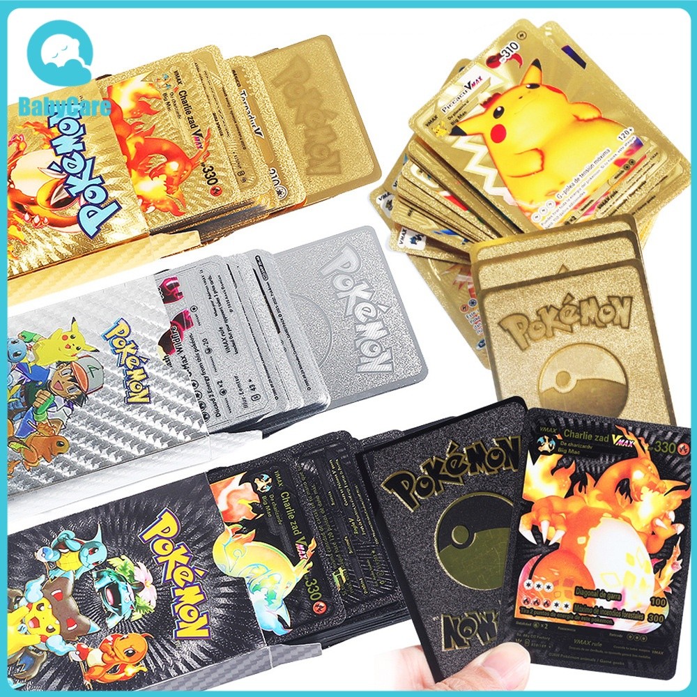（24H）55PCS Pokemon Cards Metal Gold Vmax GX Energy Card Charizard Pikachu Rare Collection Battle ...