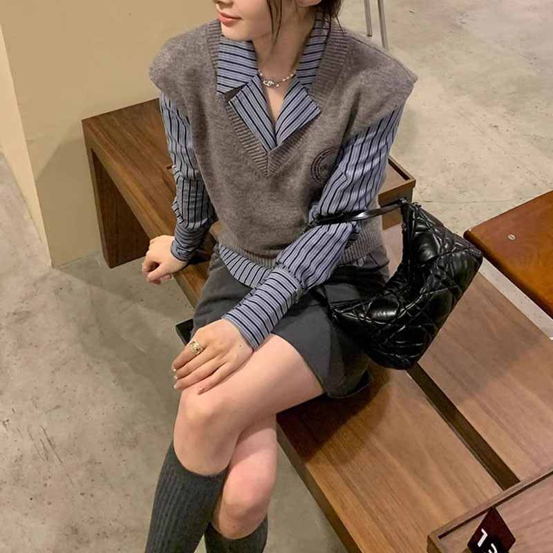 oufit korean style woman Baju berjalur retro Perancis, sut rompi ...