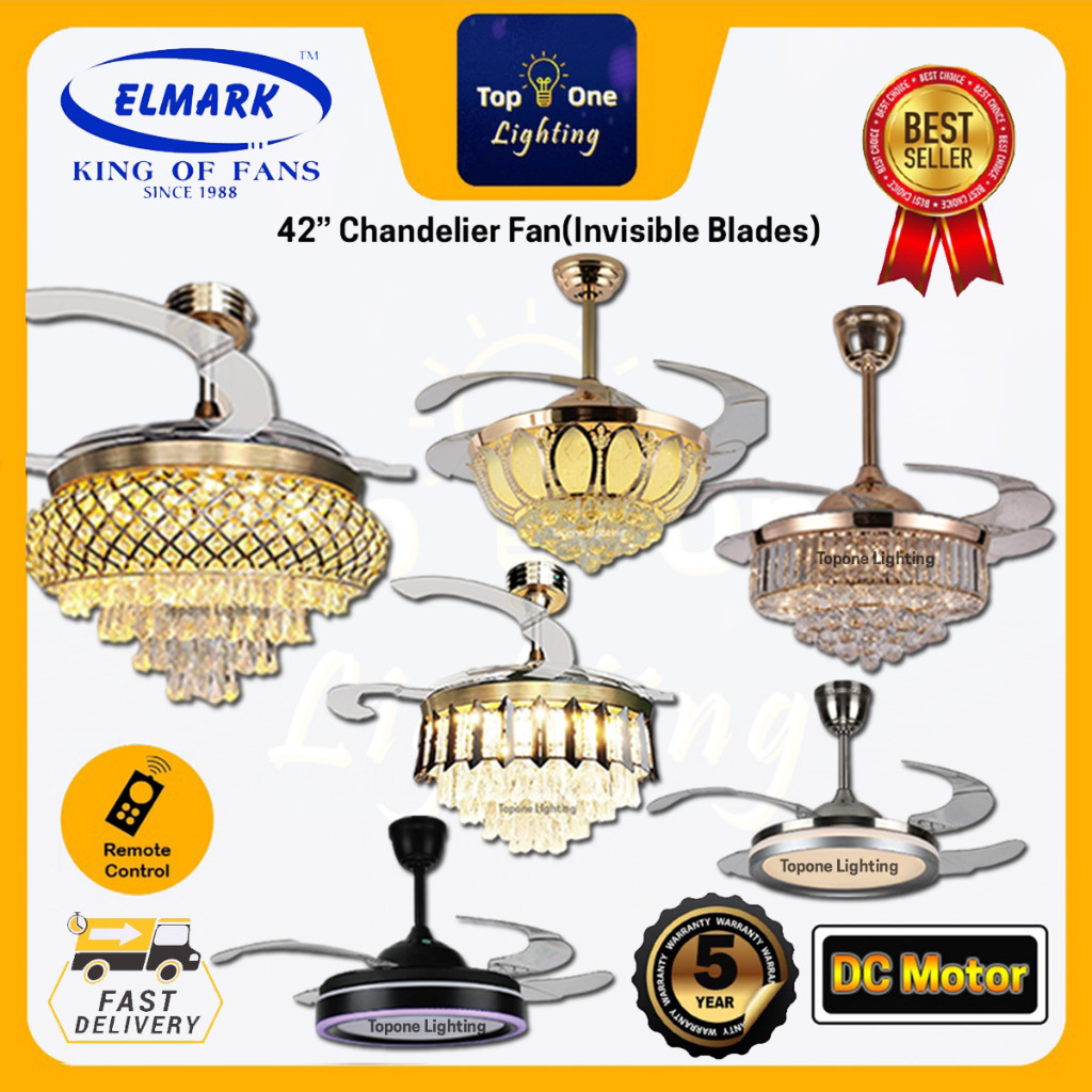 ELMARK DC Motor Chandelier Ceiling Fan with Light Crystal Fan 42" 3 ...