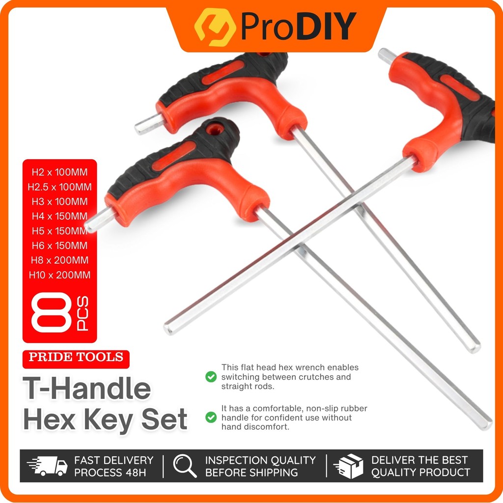 8PCS PRIDE TOOLS T-Handle Hex Key Set Wrench Flat Head Hexagon Wrench ...
