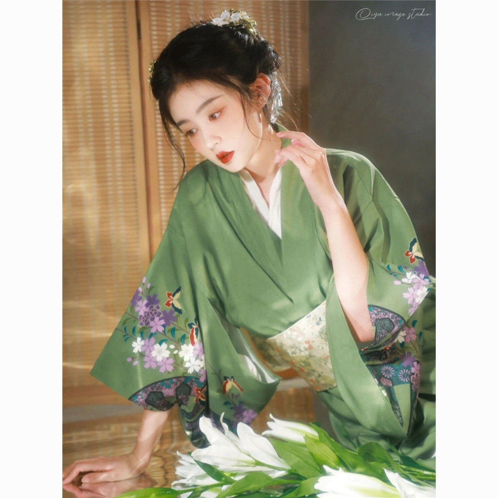 Kimono Female Japanese Traditional Formal Dress Sakura Yukata Green ...