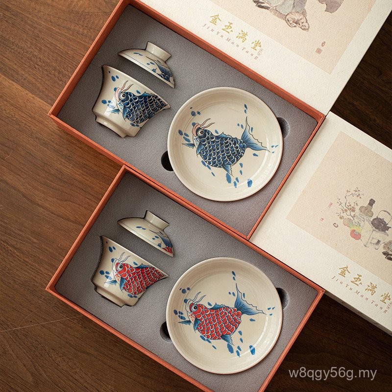 Cawan teh mangkuk abu rumput dan kayu Arowana Sancai dengan penutup ...