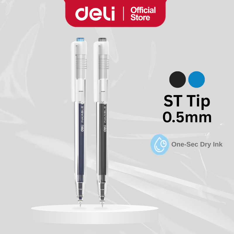 Deli Retractable Gel Pen 0.5mm ST Tip Design Soft Grip One Sec Dry Ink ...