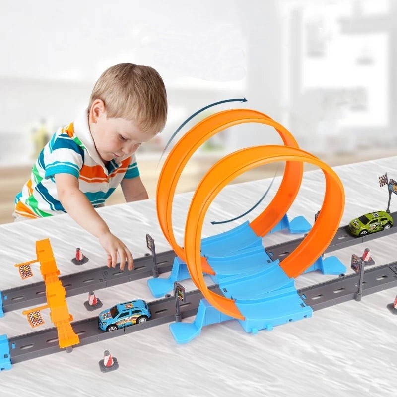 Double Loop Dash Track Set Racing Car Playset Fold & Go Racetrack With ...