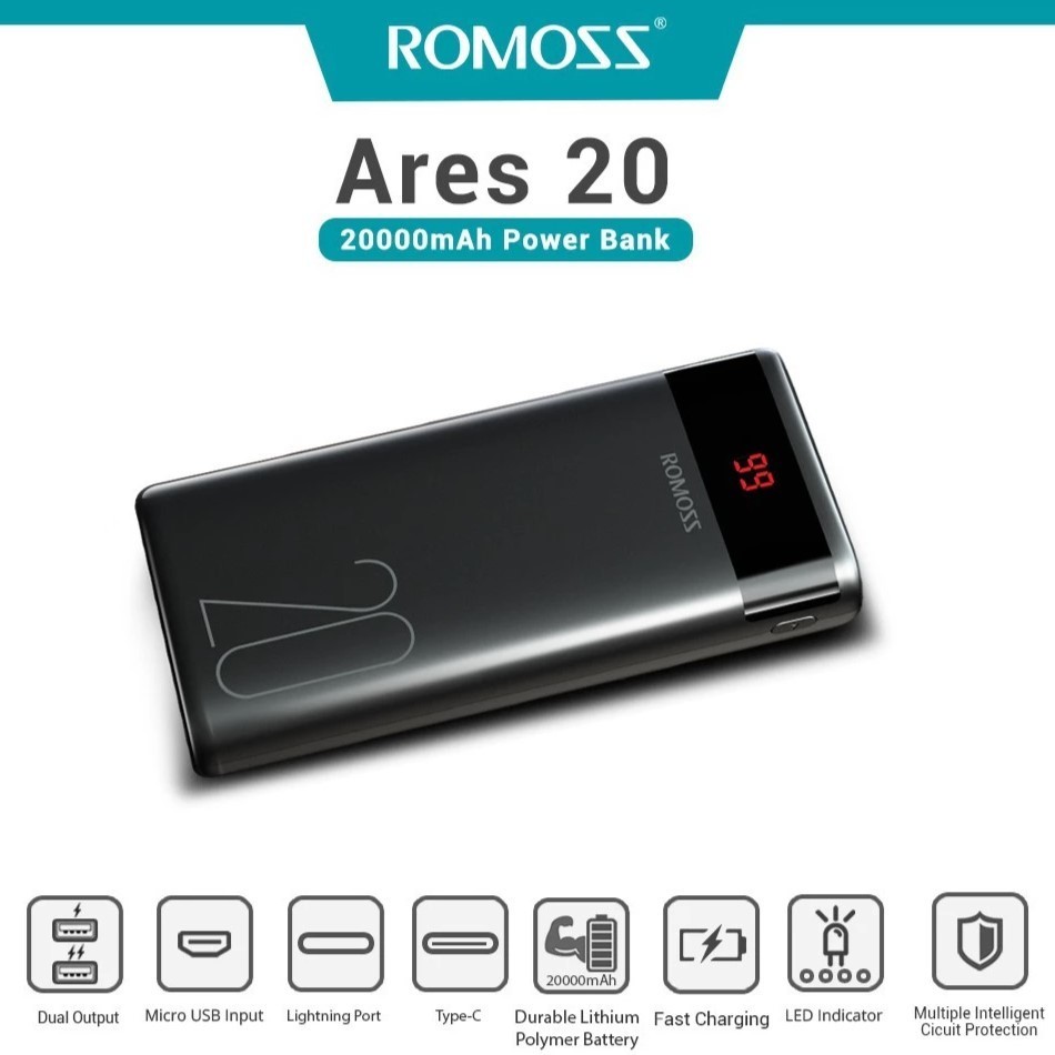 ROMOSS Ares 20 20000mAh Power Bank USB Type Portable Charger External ...