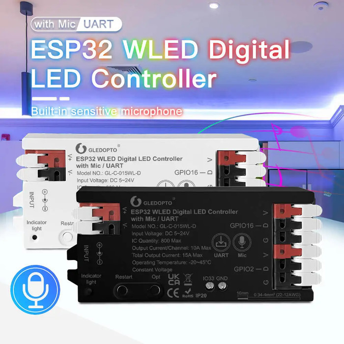 Gleopto GL-C-015WL-D ESP32 WLED Wi-Fi APP Mucis (Mic) LED Pixel Controller DC 5-24V 800 IC RGB ...