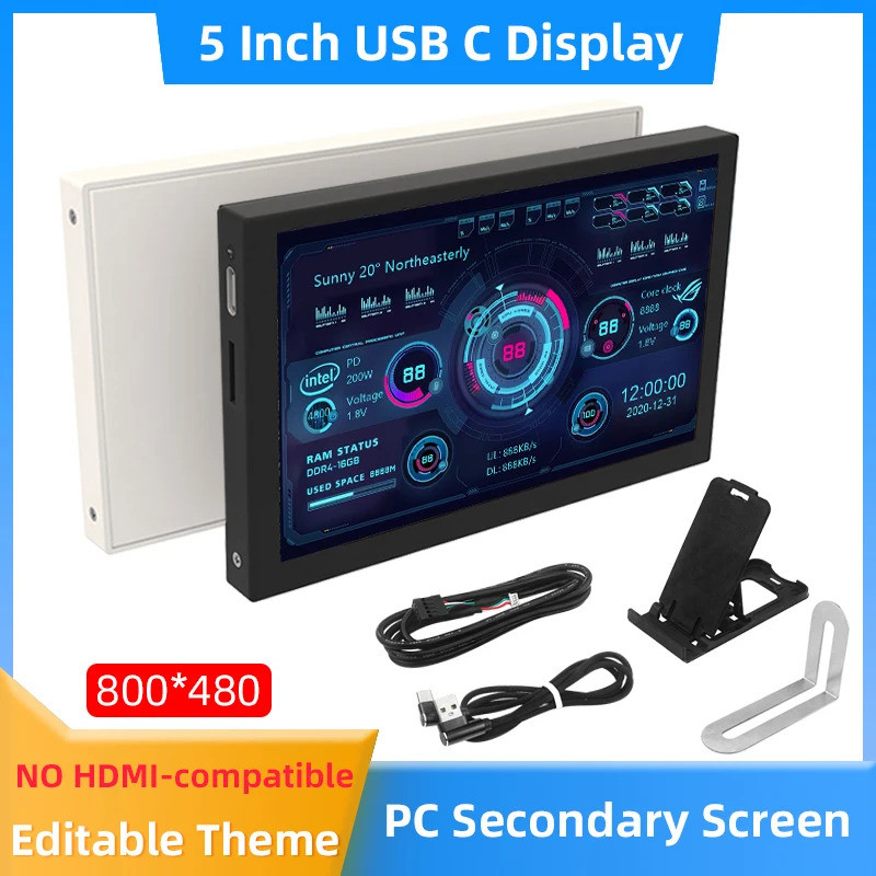5 Inch IPS Type-C Secondary Screen Computer CPU GPU RAM HDD Monitor ...