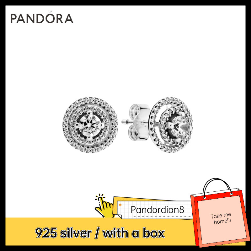 PANDORA 100% S925 Sterling Silver (with box)Sparkling Double Halo Stud ...