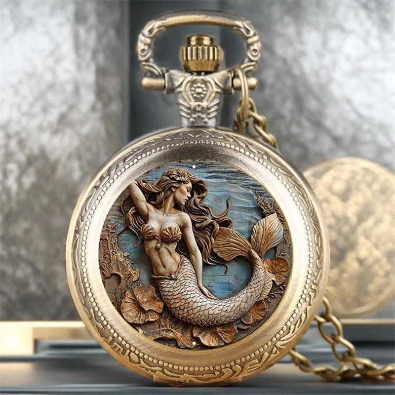 Vintage Cool Pocket Watch Mermaid Elegant Exquisite Clock With Necklace ...