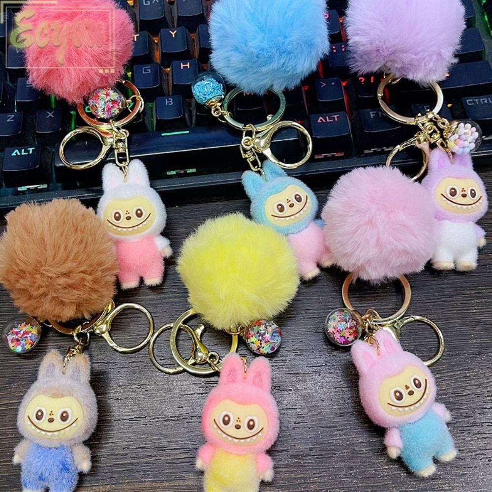 ECYOU Flocking Labubu Keychain, Cartoon Labubu Key Ring Small Sheep ...