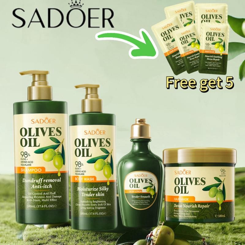 SADOER 4 in 1 Natural Olive Oil Set Shampoo, Conditioner, Hair Mask, Body Lotion, Shower Gel ...