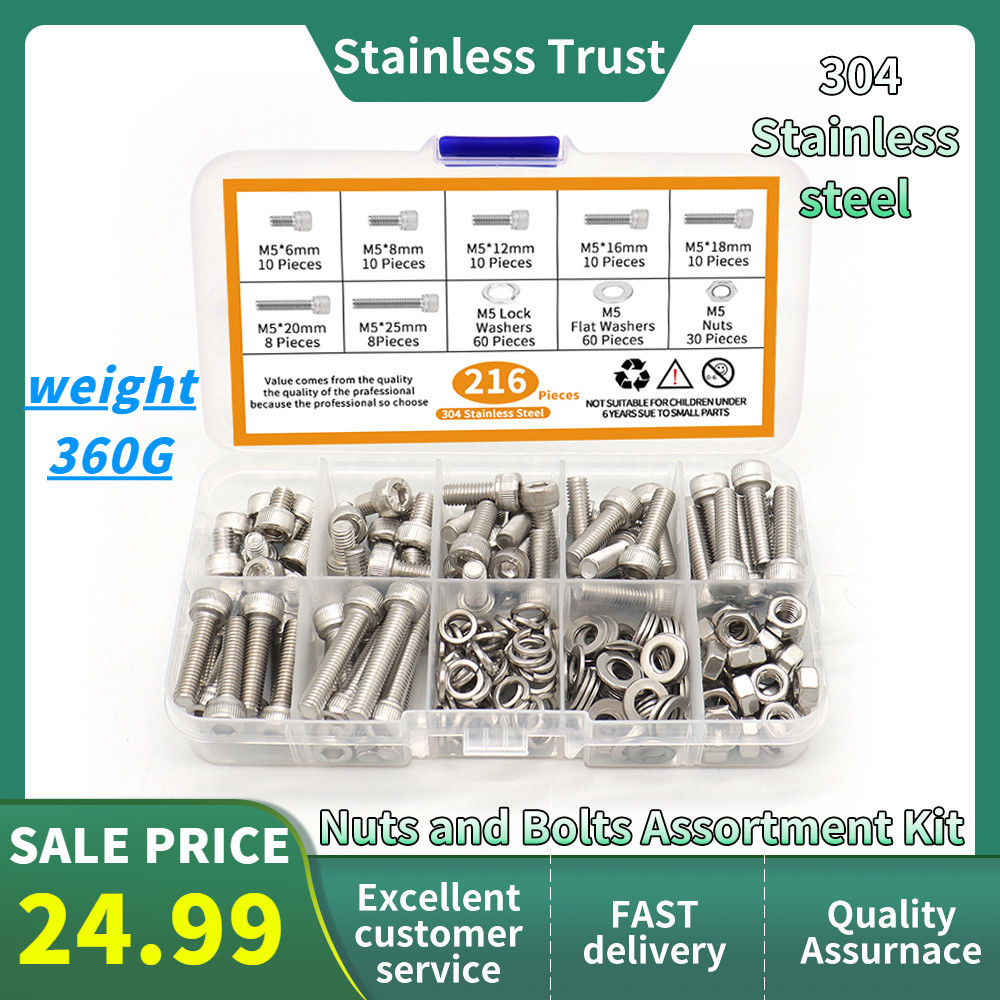 216 PCS M5 Stainless Steel bolt and nut skru allen key caliper screw ...