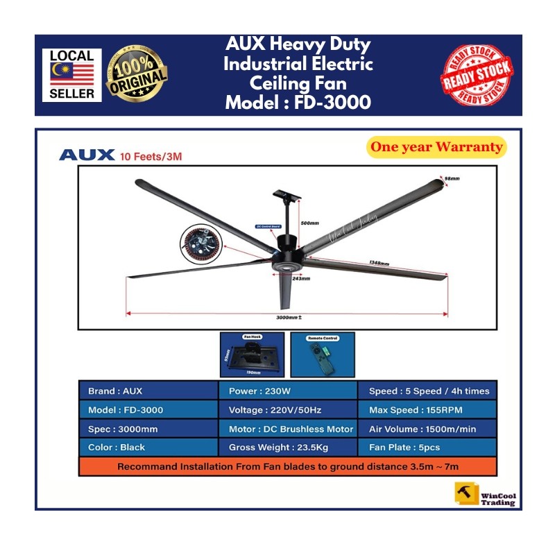AUX Heavy Duty Industrial Electric Ceiling Fan Model : FD-3000 (10feets ...