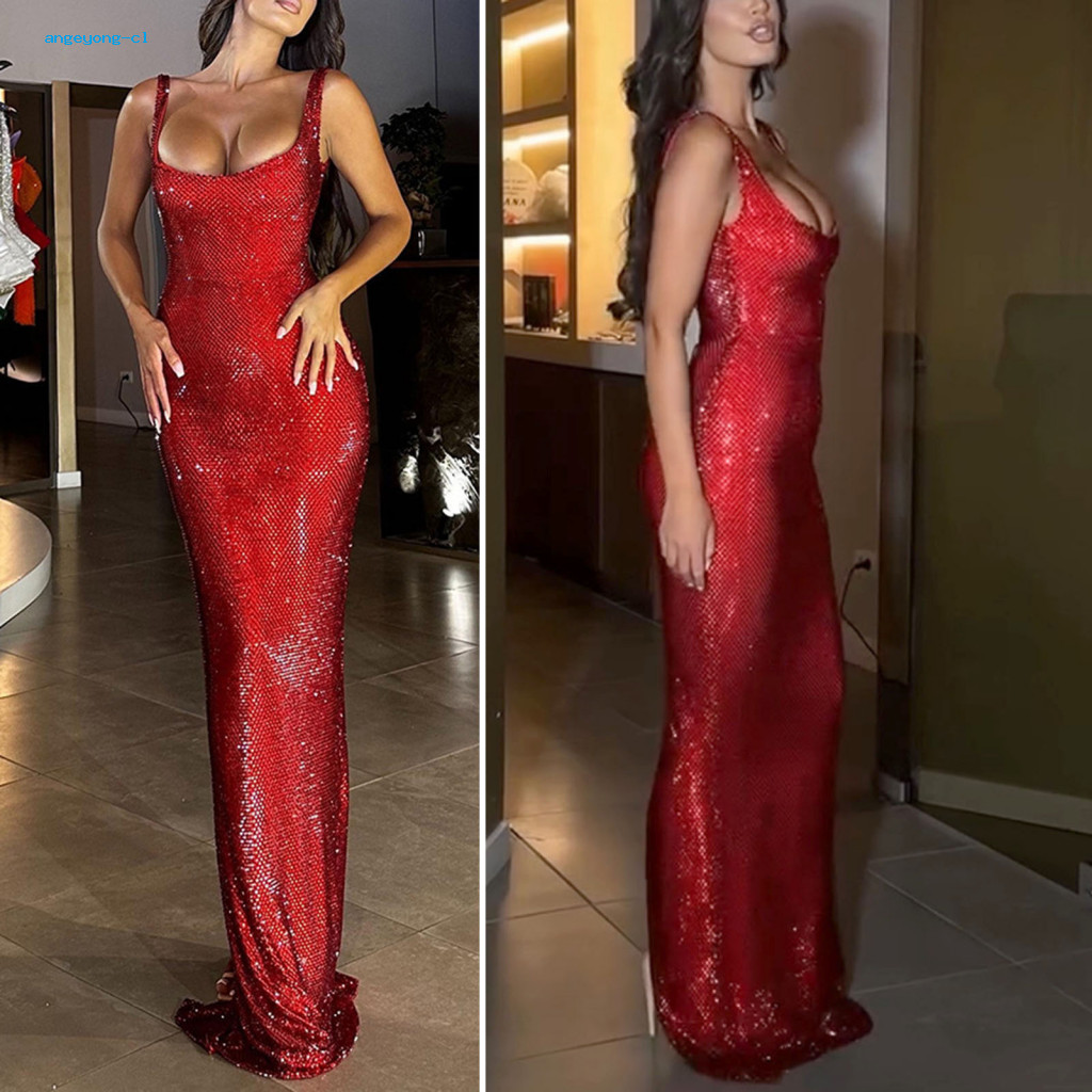 angeyong Women Slim Fit Red Dress Red Hip-covering Dress Sparkling ...