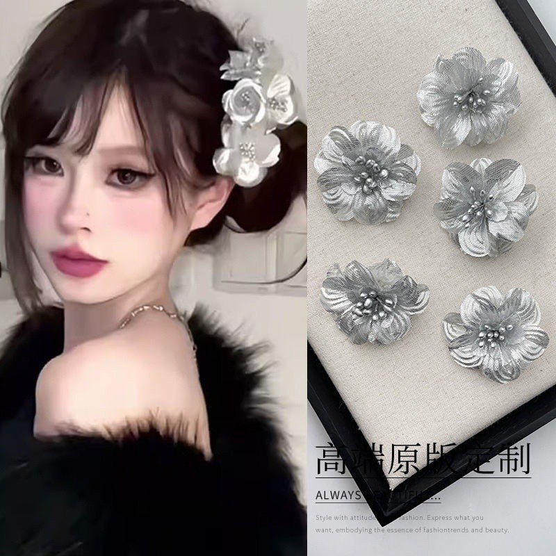 Elegant silver flower hairpin head lace clip side 2025 new silver ...