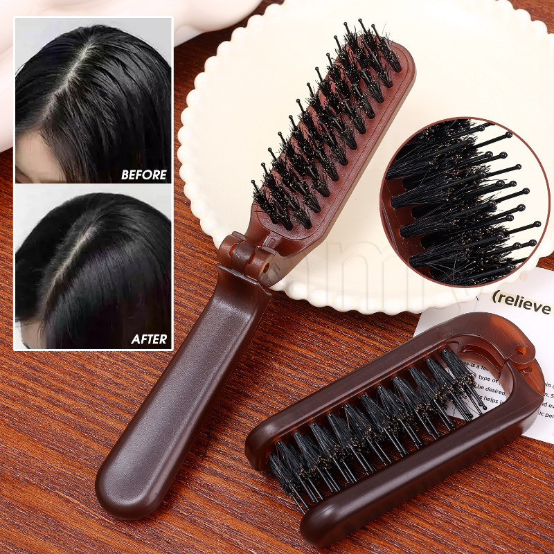 Amber Boar Bristle Hair Brush - Foldable Pocket Comb - Head Massager ...