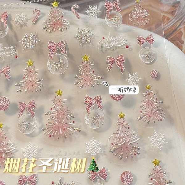Diy bunga api merah jambu pokok Krismas pelekat kuku gadis jantung ...