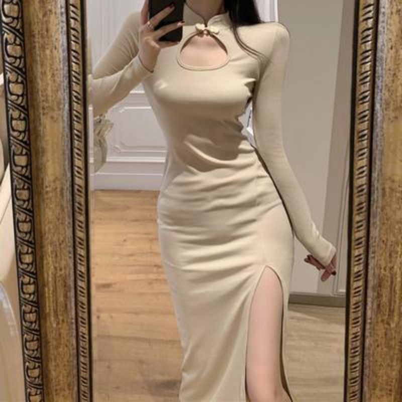 Autumn Winter Yujie Fan Classy Goddess Sexy Long-Sleeved Hollow Slit ...