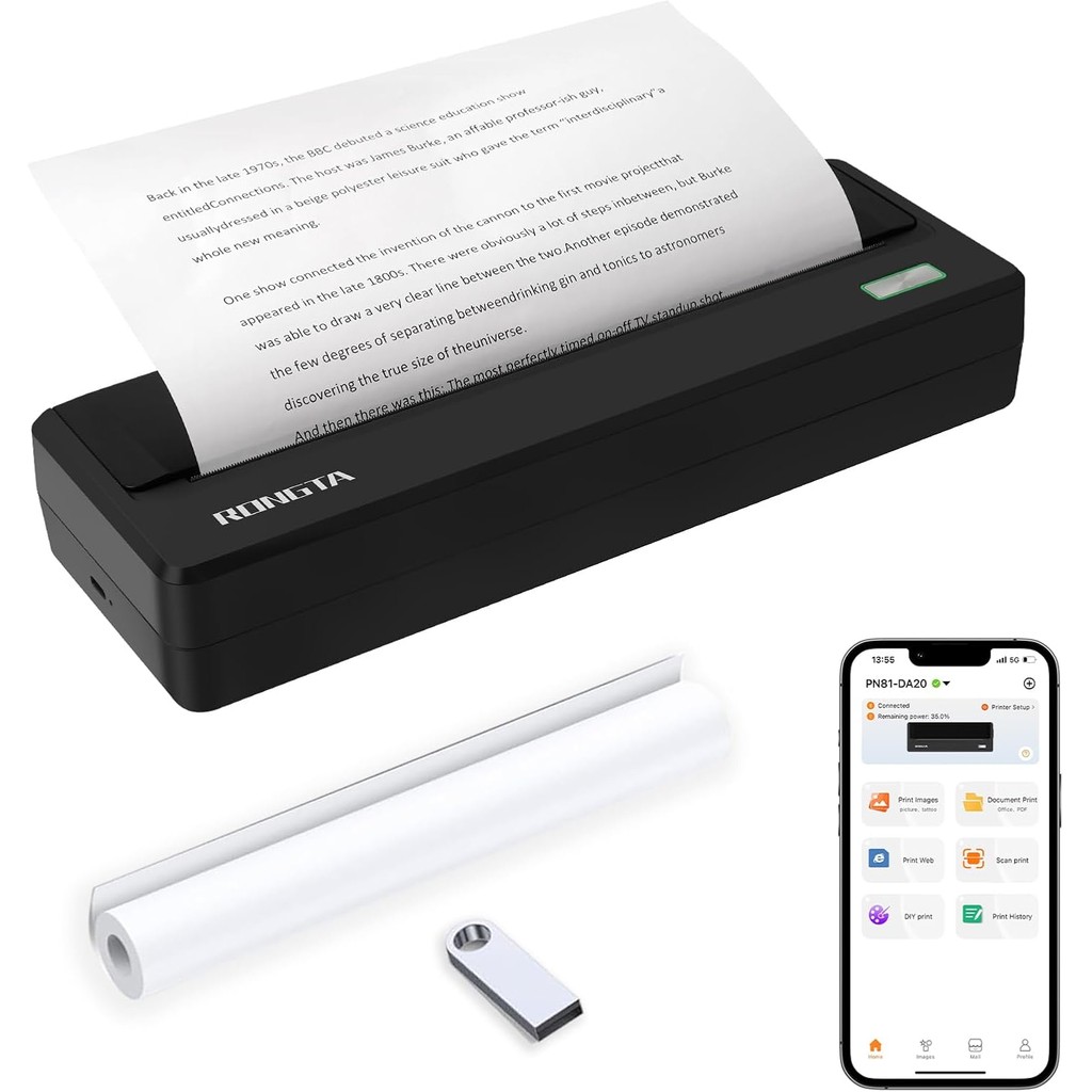 Rongta Portable Printer Wireless For Travel 300dpi Thermal Inkless