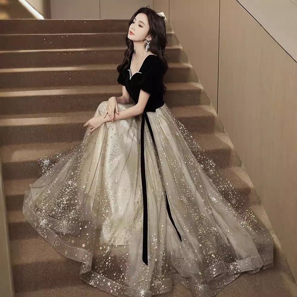 French Style Black Host Evening Dress Starry Sky Student Graduation ...