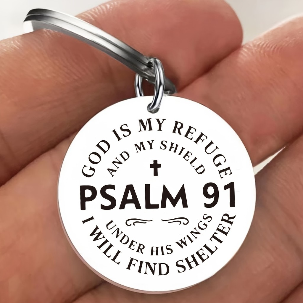 Stainless Steel Inspired Keychain - Psalm 91 Bible Verse, Round Letter ...