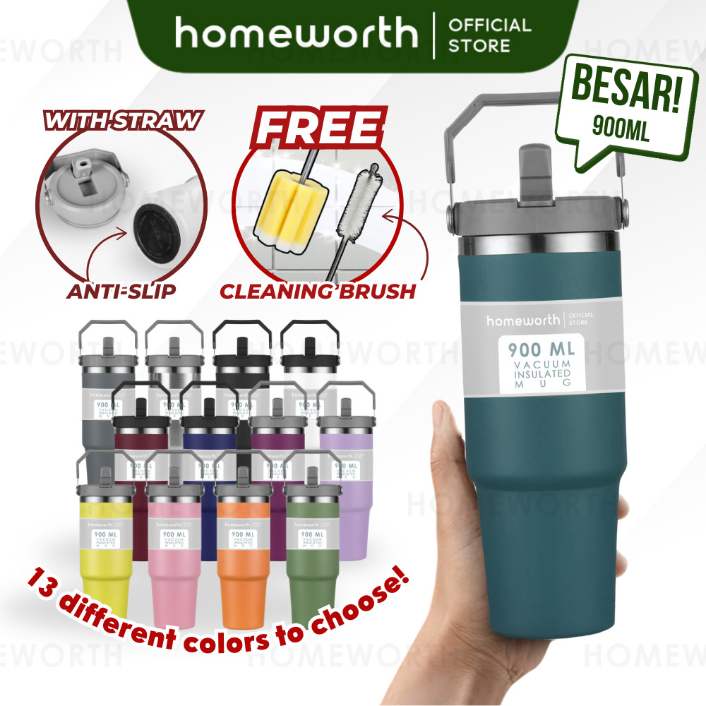 HOMEWORTH 900ML Insulated Tumbler Bottle With Handle & Straw 304 ...