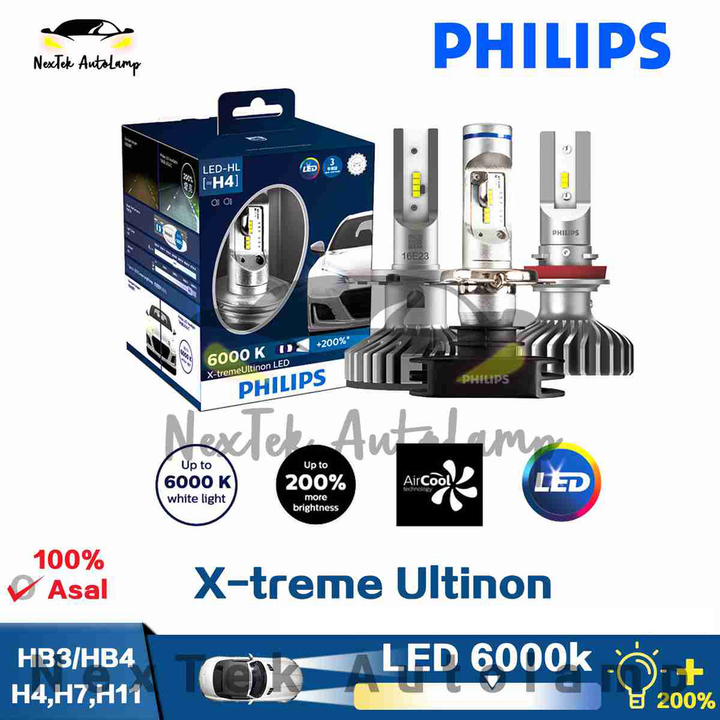 Philips X-treme Ultinon LED H4 H7 H11 HB3 HB4 6000K Brightening +200% Cool White Light Car ...