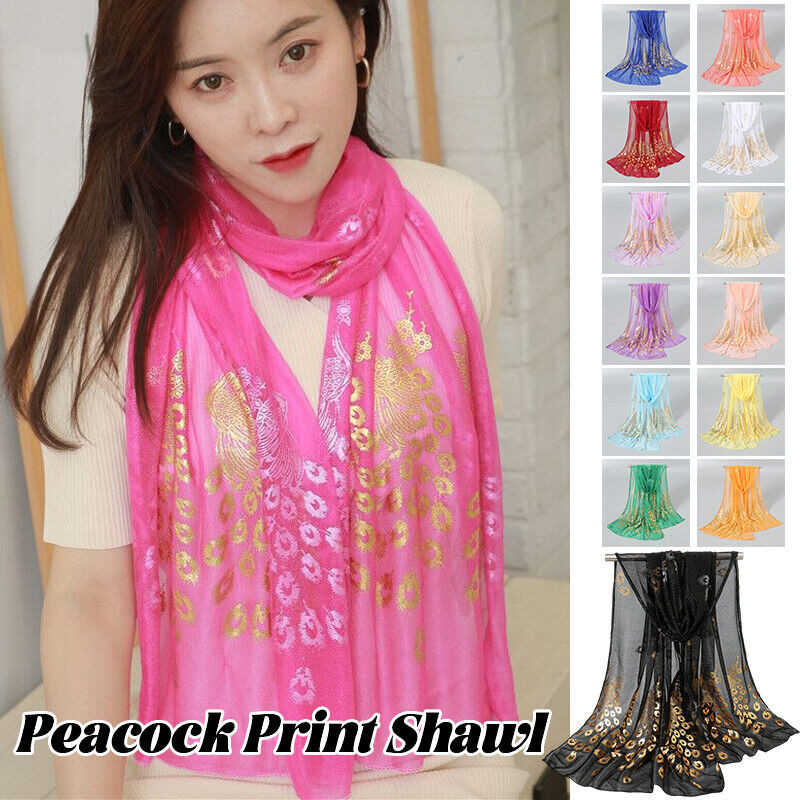 Peacock Print Shawl Glitter Thin Muffler Elegant Hijab Golden Print ...