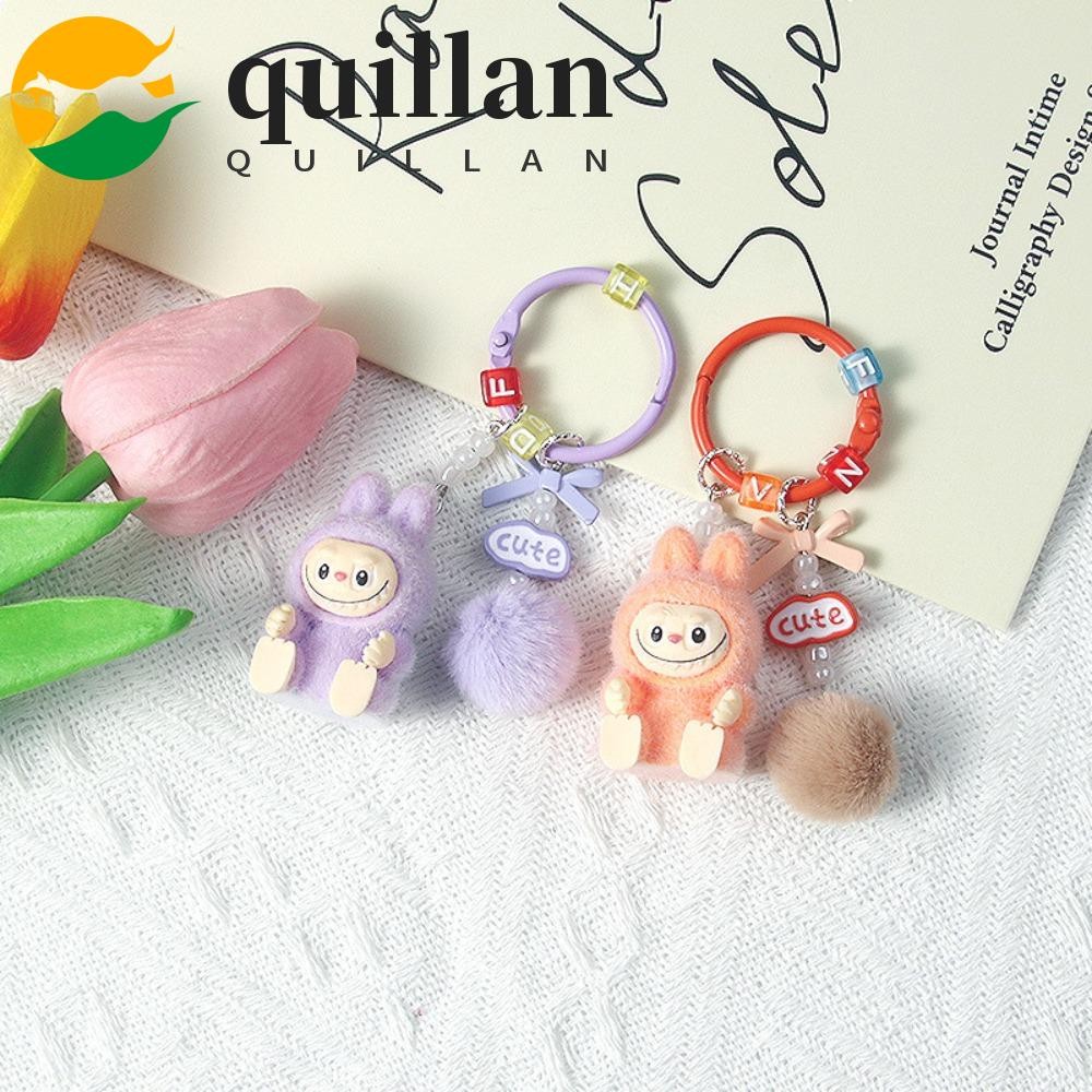 QUILLAN Flocking Labubu Key Ring, Silica Gel Plush Ball Sit Down Labubu ...