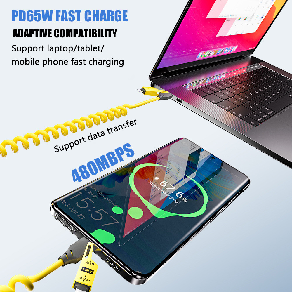 4-in-1 Coiled USB C Cable 65W Fast Charge Secondary CarPlay And Android ...