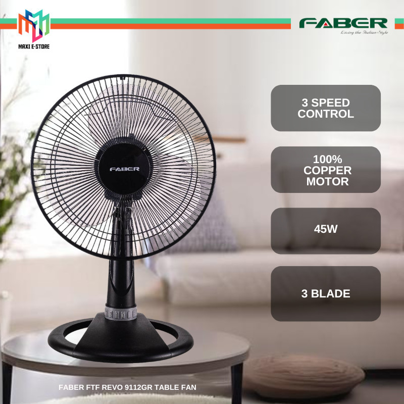 Faber FTF REVO 9112GR Table Fan 3 Speed Control 100% Copper Motor 45W ...