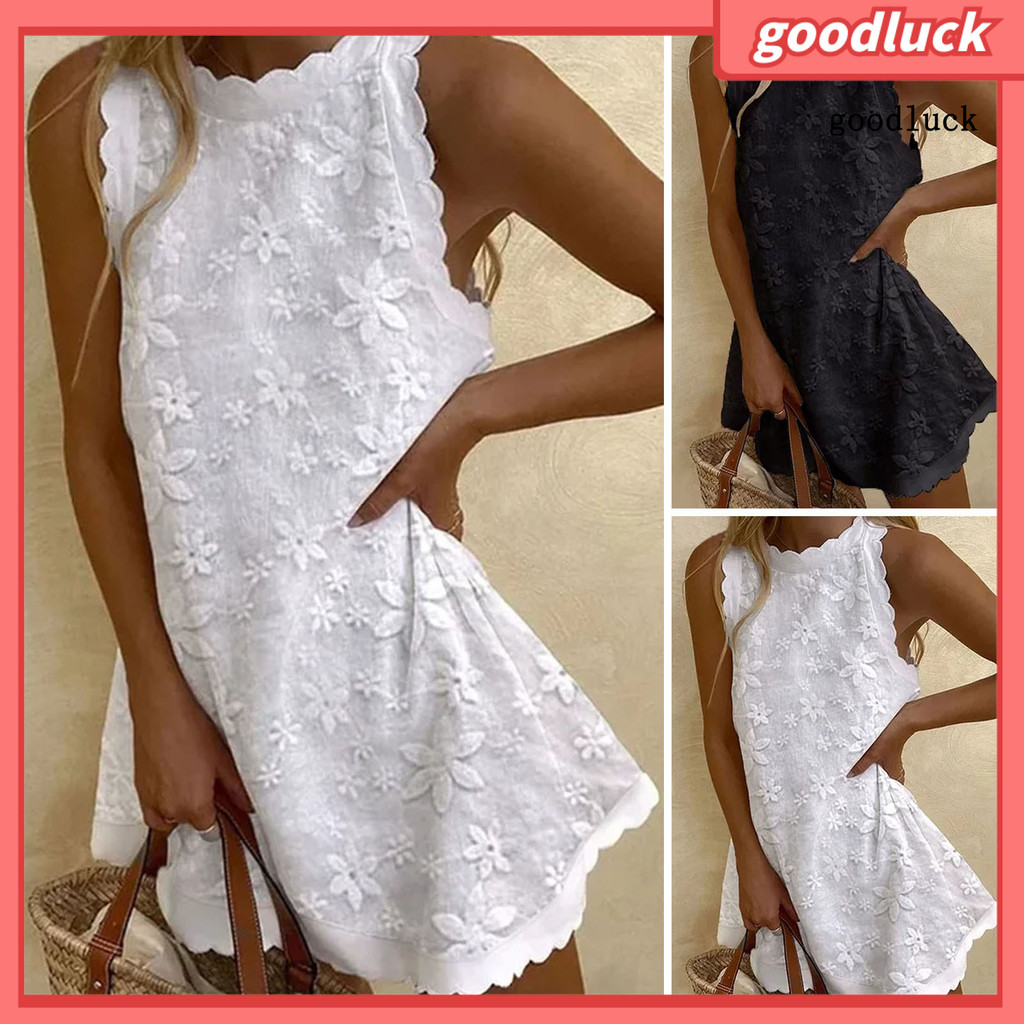 [GD] Summer Mini Dress Floral Embroidery Off Shoulder Round Neck ...