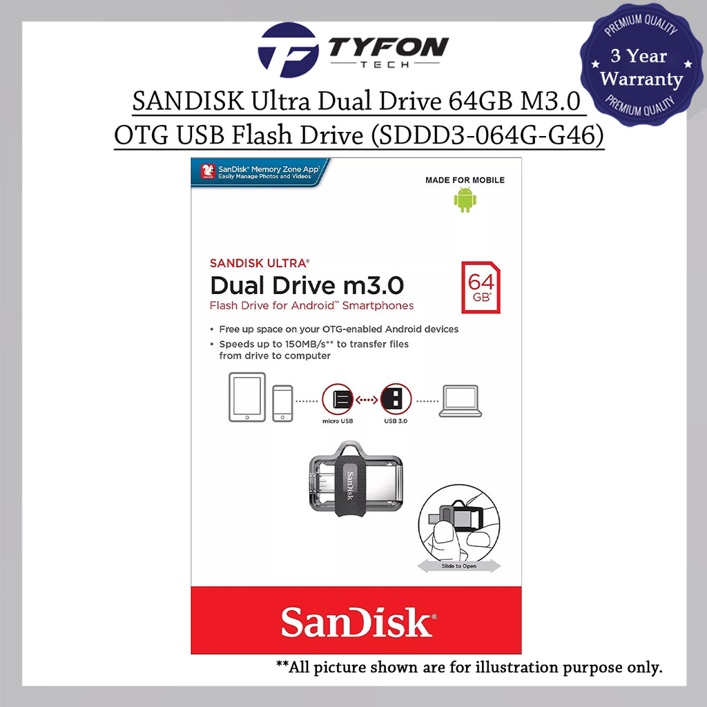 SANDISK Ultra Dual Drive 64GB M3.0 OTG USB Flash Drive (SDDD3-064G-G46 ...
