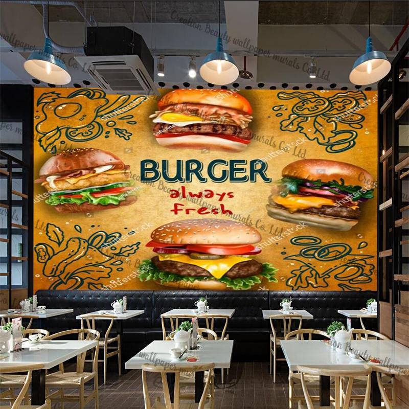 Custom Hamburger Fast Food Wall Paper Restaurant Snack Bar Industrial ...
