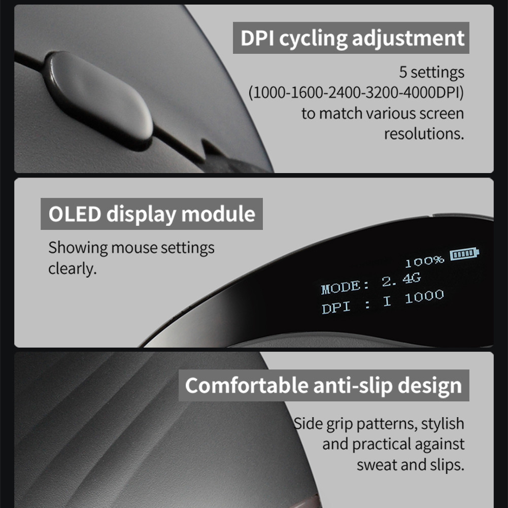 Vertical Wireless Mouse Adjustable DPI Ergonomic Mouse Rechargeable Tri ...