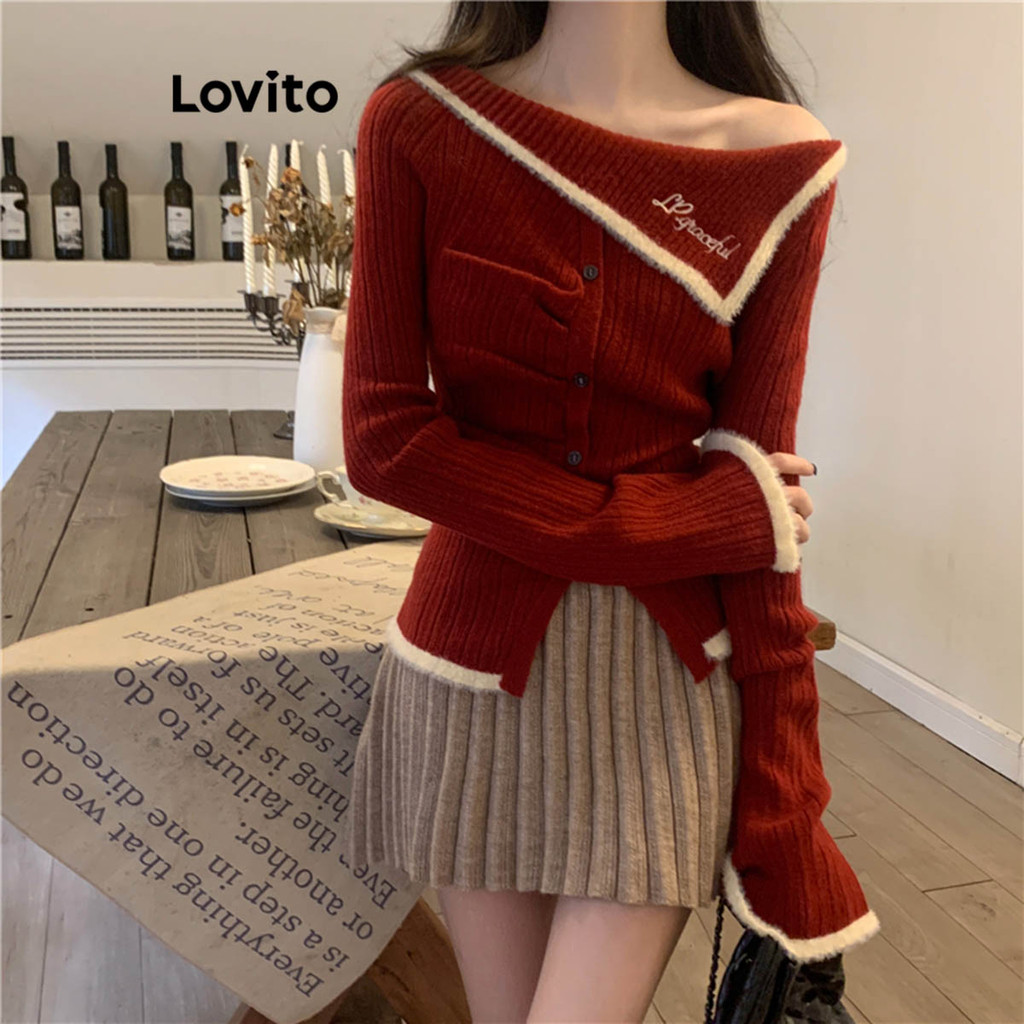 Lovito Elegant Plain Contrast Binding Button Sweater for Women LNA77304 ...