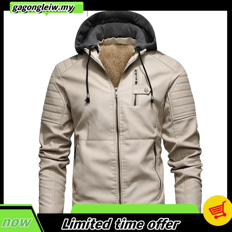 Motor Leather Jacket Men Cafe Racer Hooded Coats Male Solid Clothing ...