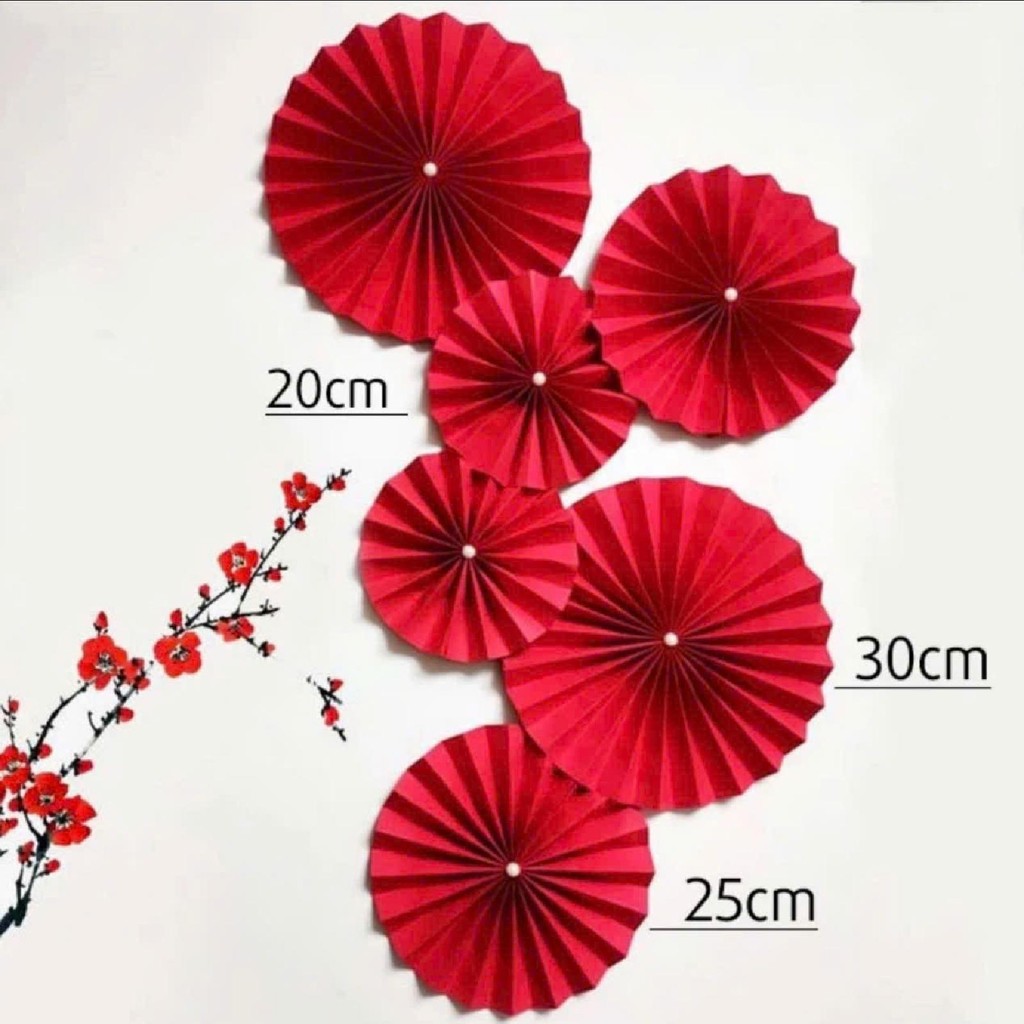 [Set Of 6 Red Paper Fans 20cm, 25cm, 30cm] With Pearls - Decoration CNY ...